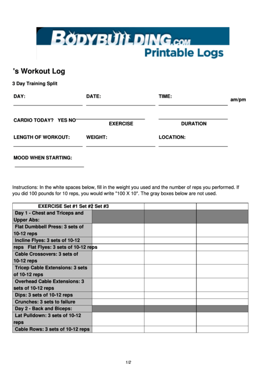 Bodybuilding Workout Log printable pdf download