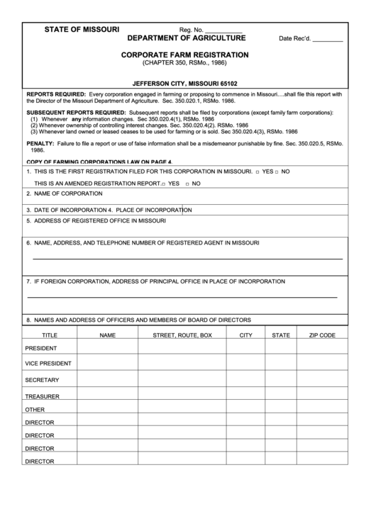 Corporate Farm Registration printable pdf download