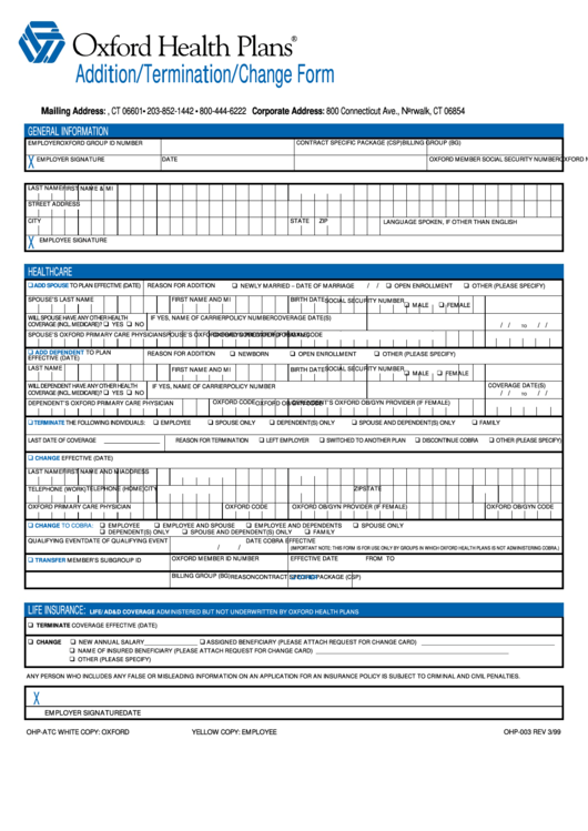 Fillable Form Ohp-Atc - Addition/termination/change Form printable pdf ...