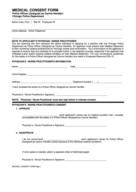 Medical Consent Form - Police Officer (Assigned As Canine Handler ...