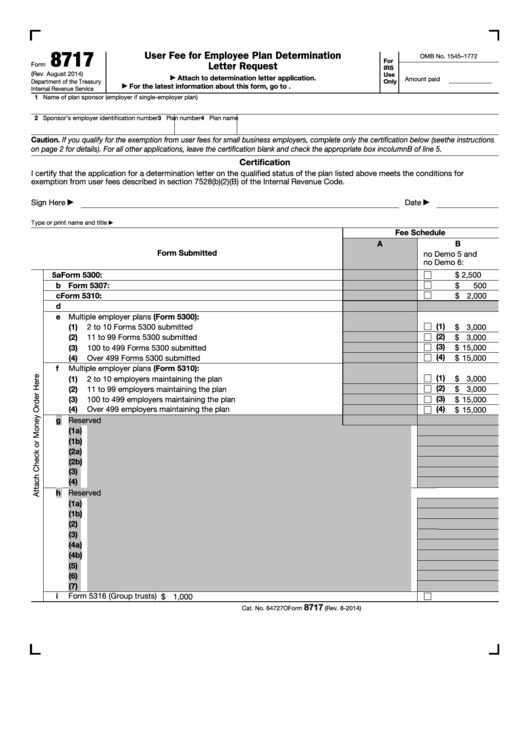Fillable Form 8717 - User Fee For Employee Plan Determination Letter ...