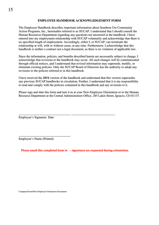 Employee Handbook Acknowledgement Form Template
