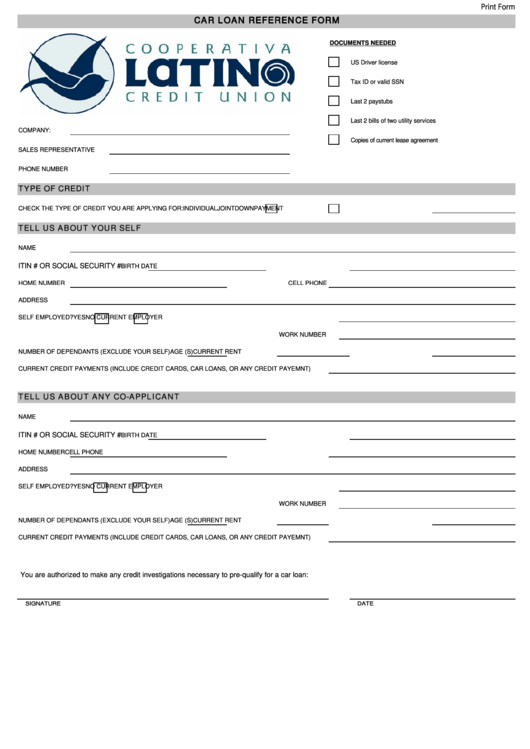 Fillable Car Loan Reference Form printable pdf download
