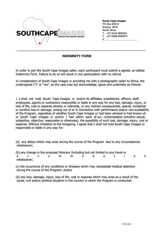 Indemnity Form printable pdf download