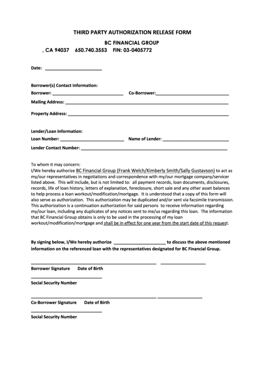Third Party Authorization Release Form Printable Pdf Download