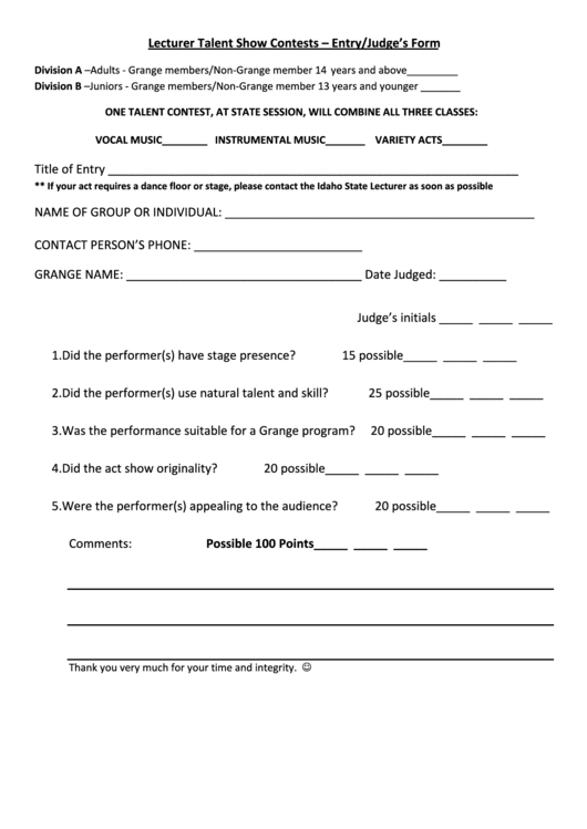 Entry And Judging Form printable pdf download