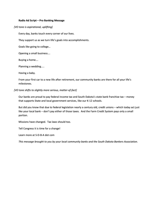 Radio Ad Script Pro Banking Message Template Printable Pdf Download