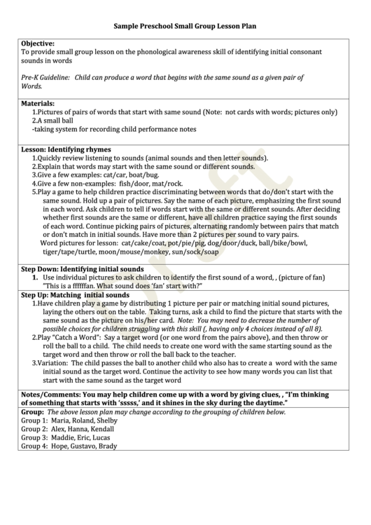 Sample Preschool Small Group Lesson Plan Objective Printable Pdf Download