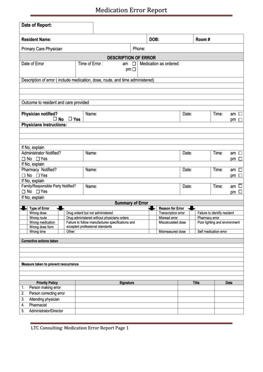 Medication Error Report Printable Pdf Download