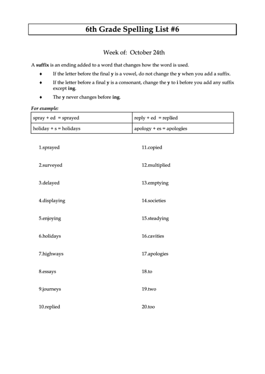 Top 6th Grade Spelling List Free To Download In PDF Format