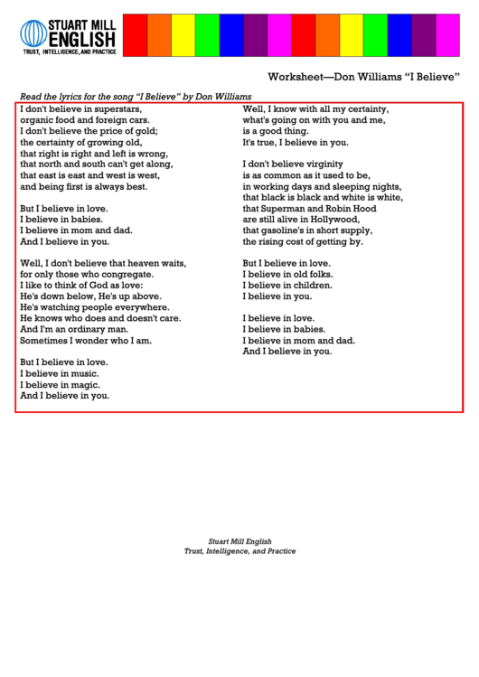 Worksheet - Don Williams - I Believe printable pdf download