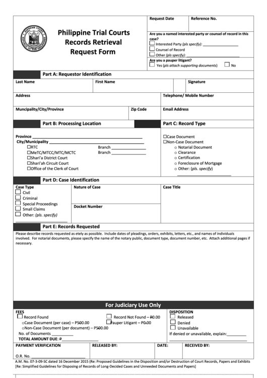 Philippine Trial Courts Records Retrieval Request Form printable pdf ...