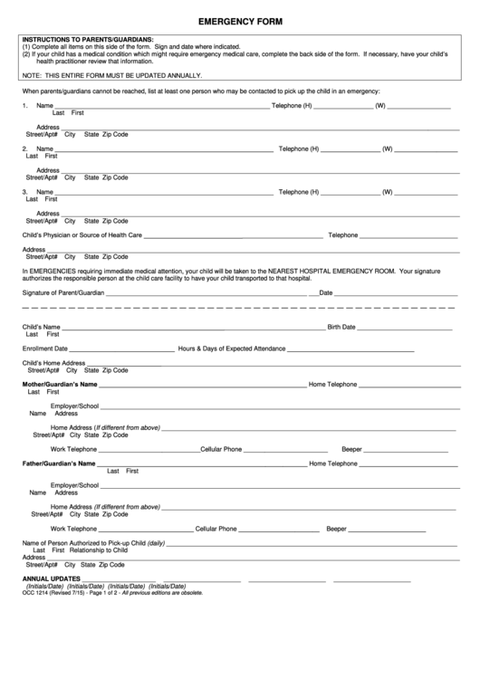 Form Occ 1214 - Emergency Form - 2015 printable pdf download