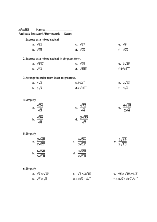 Radicals Worksheet Printable Pdf Download