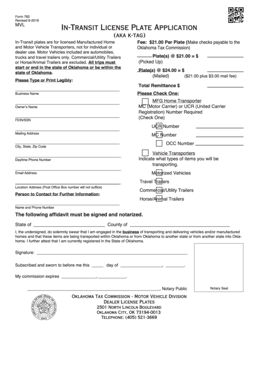 Fillable Form 782 - In-Transit License Plate Application printable pdf ...