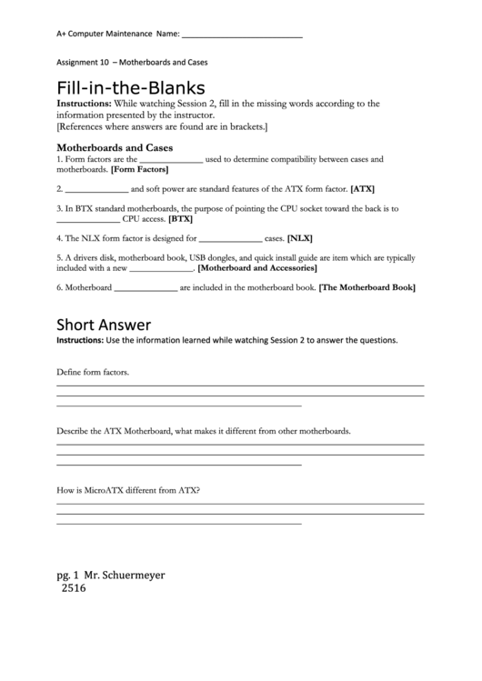 Assignment 10 - Motherboards And Cases printable pdf download