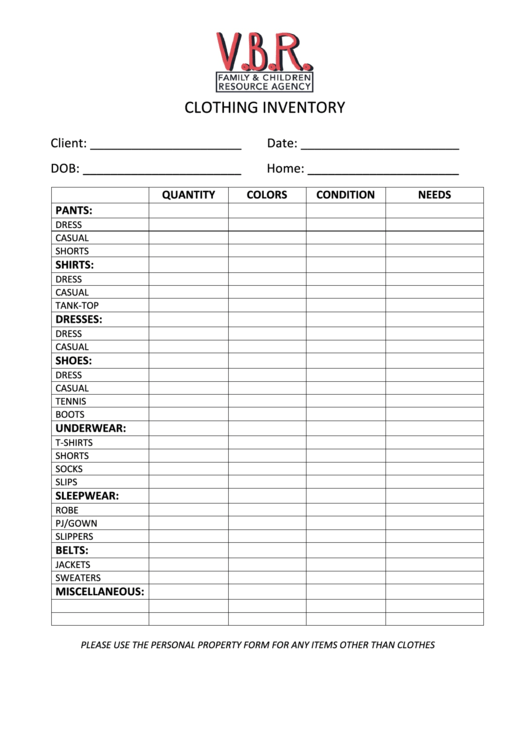 Clothing Inventory Template