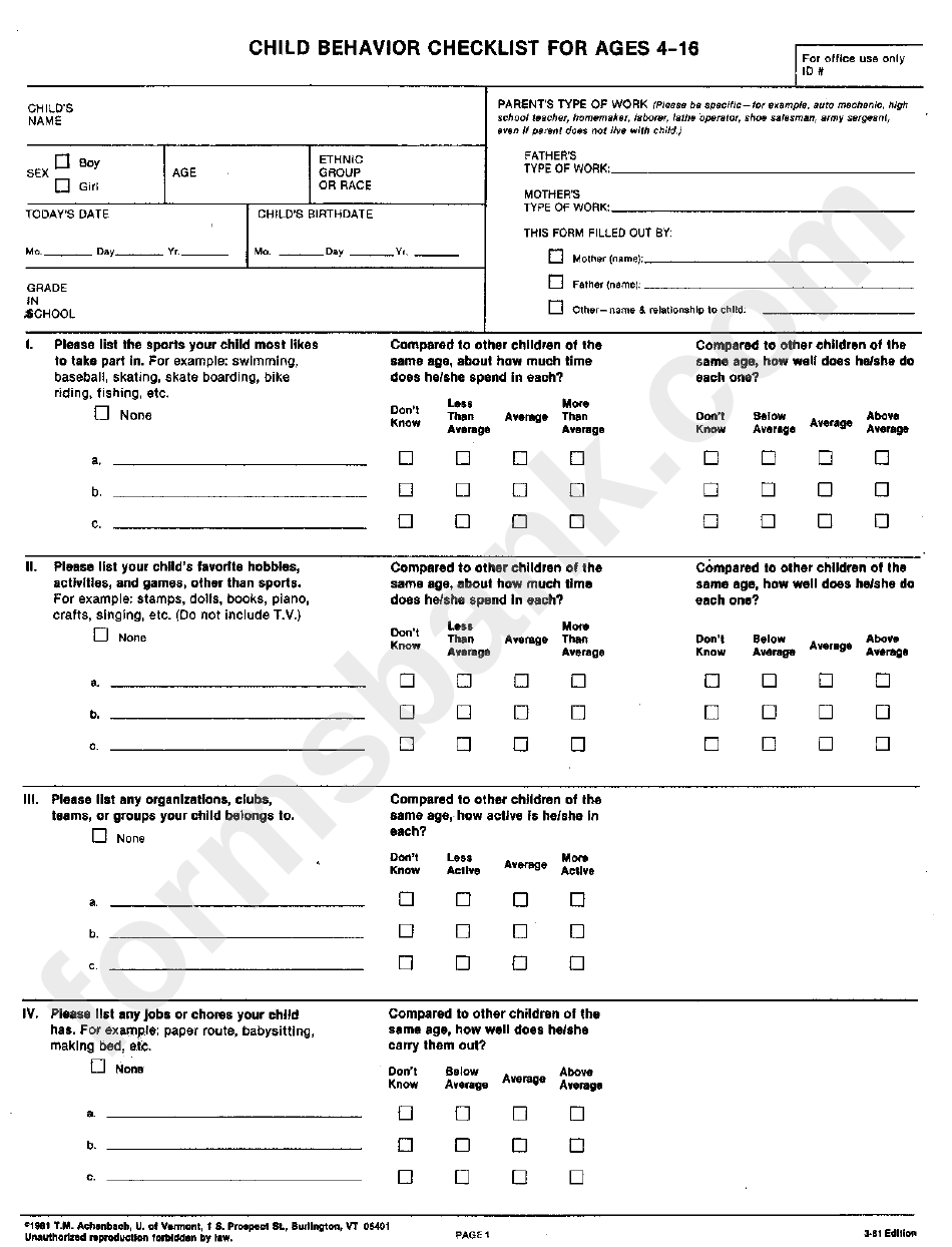 Child Behavior Checklist For Ages 4 16 Printable Pdf Download