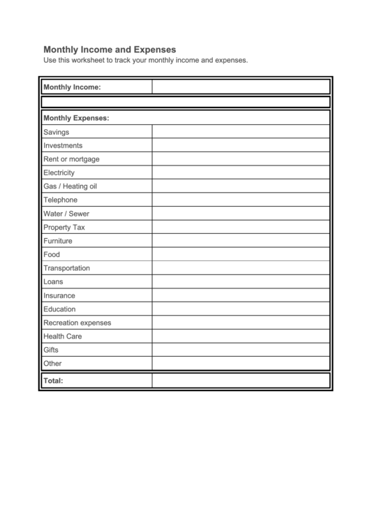 Monthly Income And Expenses Sheet Printable Pdf Download