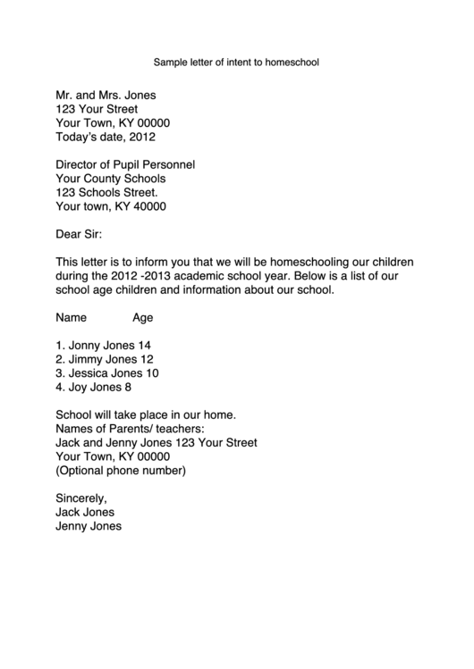 Sample Letter Of Intent To Homeschool Printable Pdf Download