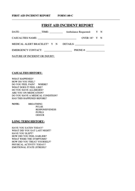 First Aid Incident Report Form 140 C Printable Pdf Download Gambaran
