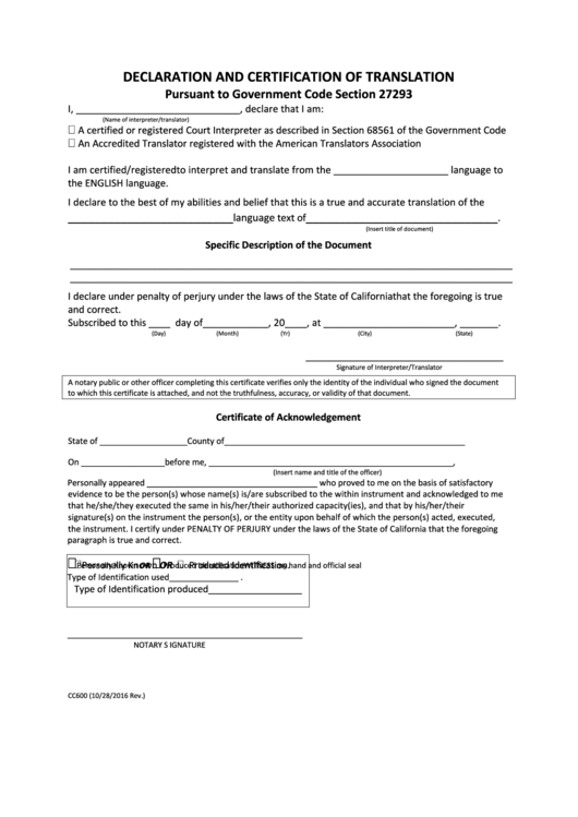 Fillable Form Cc600 - Declaration And Certification Of Translation ...