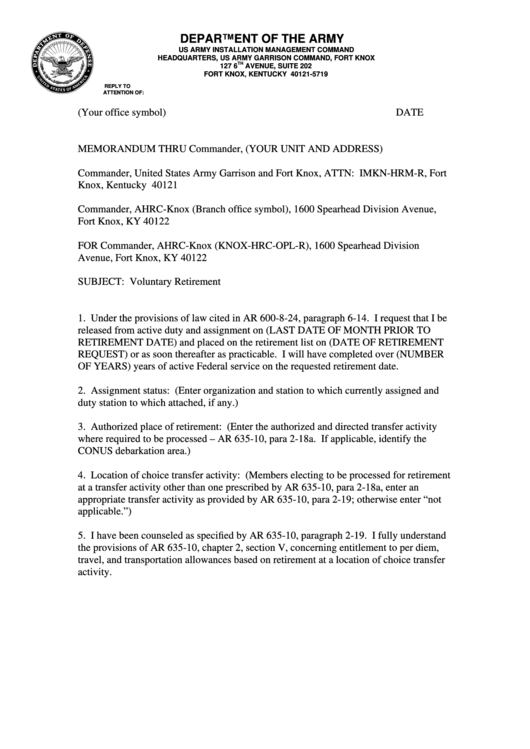 Officer Retirement Memorandum Sample Fort Knox Army Printable Pdf 