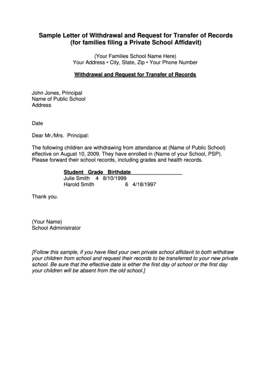 Sample Letter Of Withdrawal And Request For Transfer Of Records For