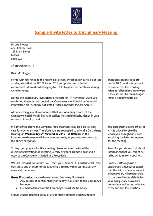 Sample Invite Letter To Disciplinary Hearing Printable Pdf Download