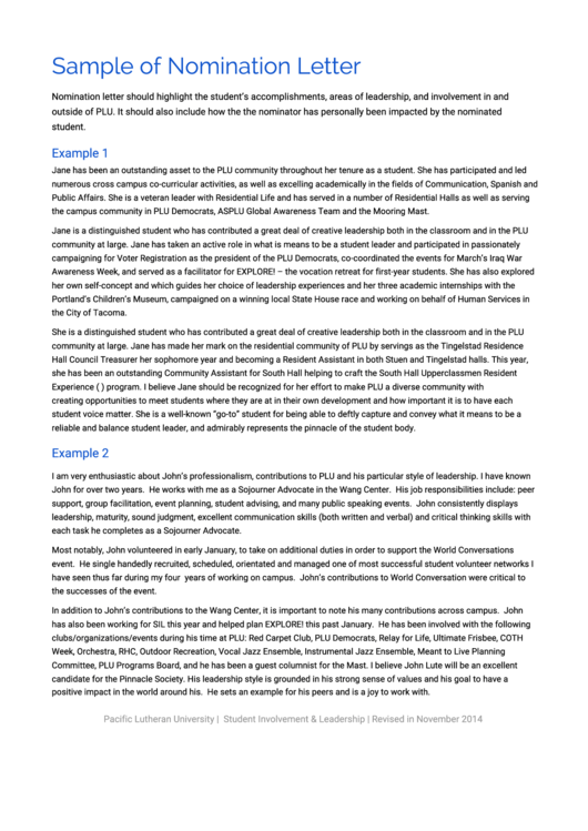 Sample Of Nomination Letter Template Printable Pdf Download