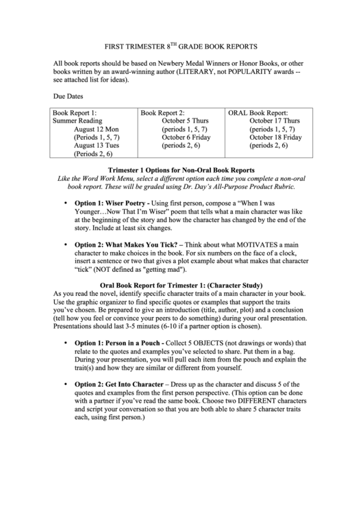 First Trimester 8th Grade Book Reports Printable Pdf Download