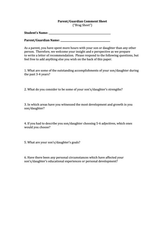 Parent/guardian Comment Sheet (Brag Sheet) printable pdf download