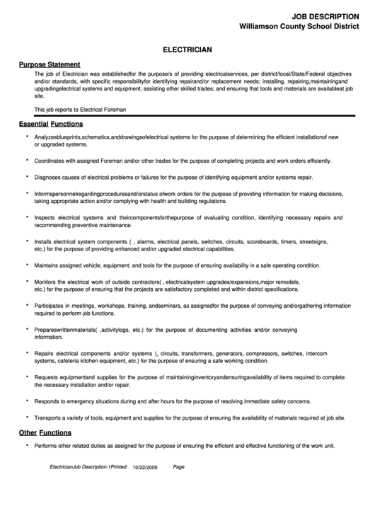 Job Description Electrician printable pdf download