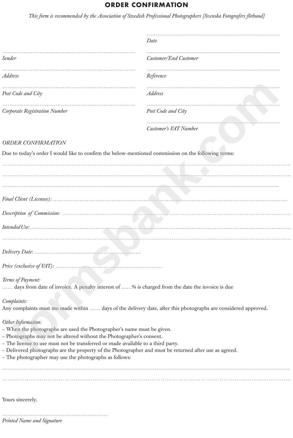 Sample Order Confirmation Letter Template Printable Pdf Download