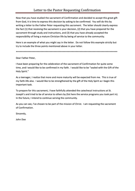 Letter To The Pastor Reing Confirmation Printable Pdf Download
