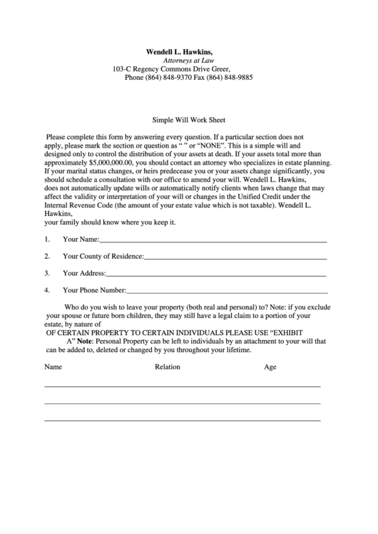 Simple Will Worksheet printable pdf download