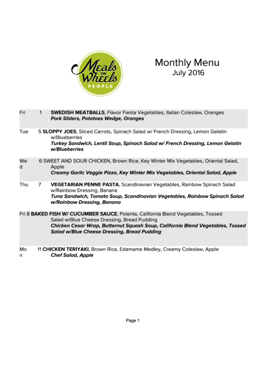 Sample Monthly Dinner Menu Template Printable Pdf Download