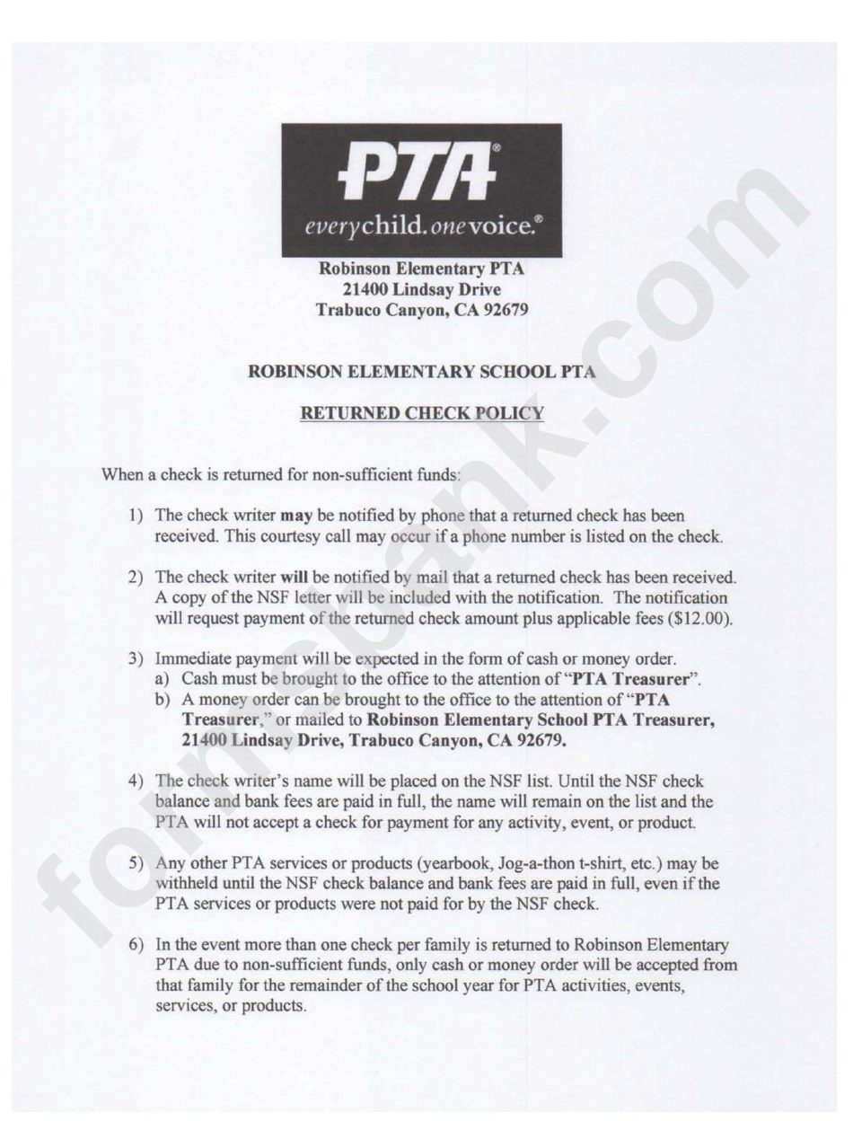 Return Check Policy Letter printable pdf download
