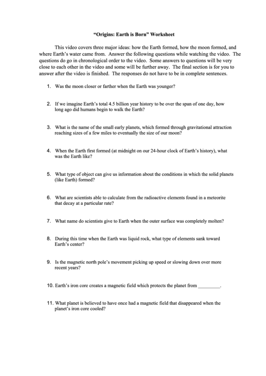 "Origins: Earth Is Born" Worksheet printable pdf download