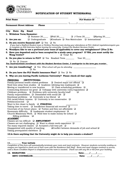Notification Of Student Withdrawal printable pdf download