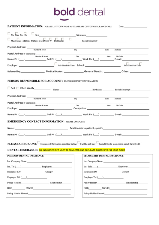 Patient Information Form printable pdf download