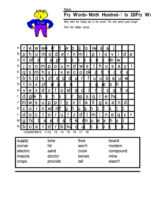 Fry Words Word Search - Ninth Hundred - 1 To 20 printable pdf download