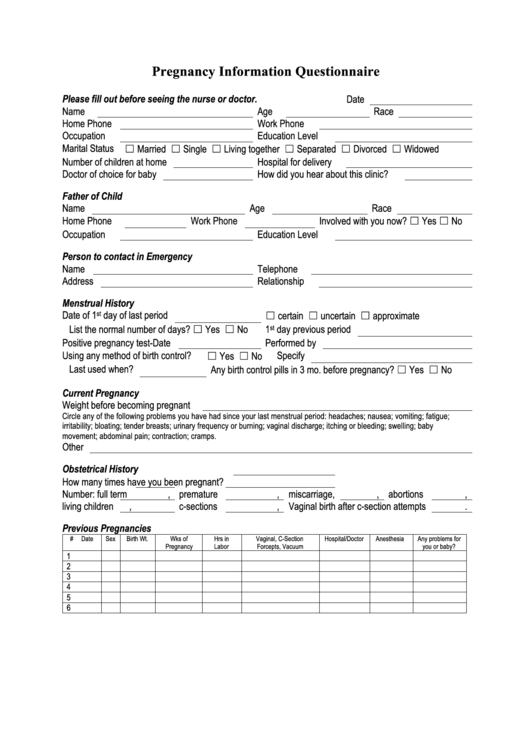 Pregnancy Information Questionaire printable pdf download