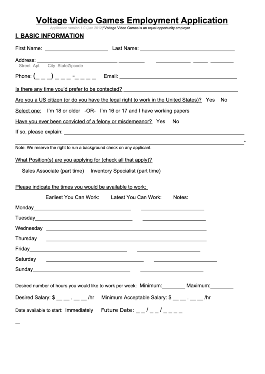 Sample Video Games Employment Application Form printable pdf download