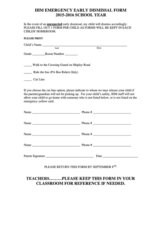 Ihm Emergency Early Dismissal Form printable pdf download