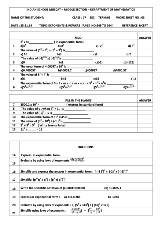 Maths Worksheet Exponents And Powers printable pdf download