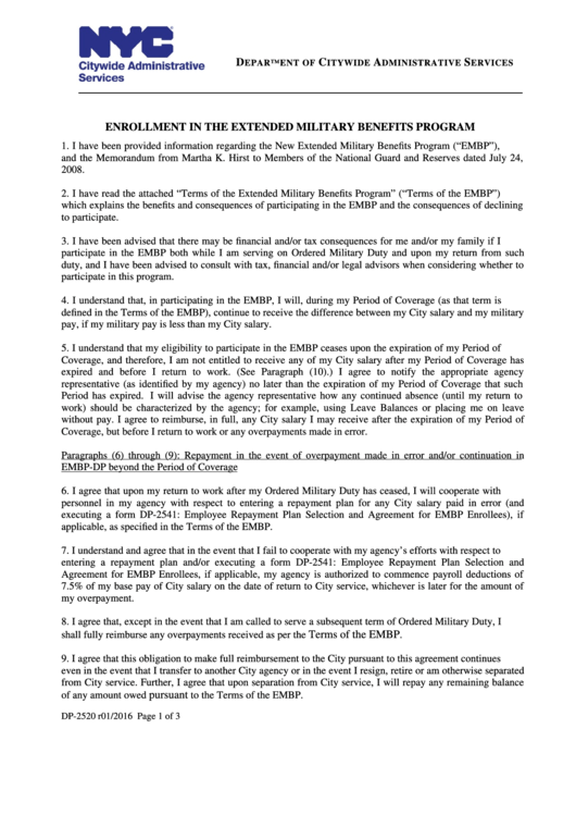 Dp-2520 Enrollment In The Extended Military Benefits Program printable ...