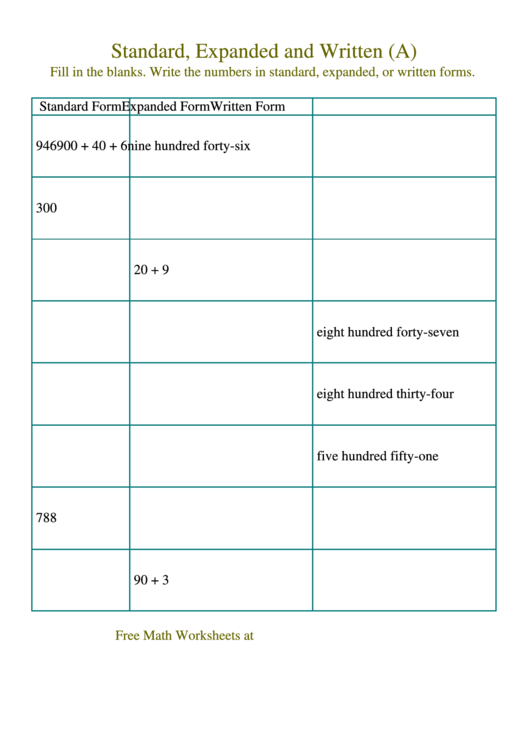 Standard, Expanded And Written Math Worksheet printable pdf download