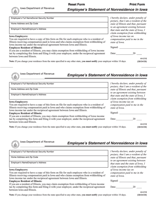 Fillable 44-016 - Statement Of Nonresidence In Iowa 2009 printable pdf ...