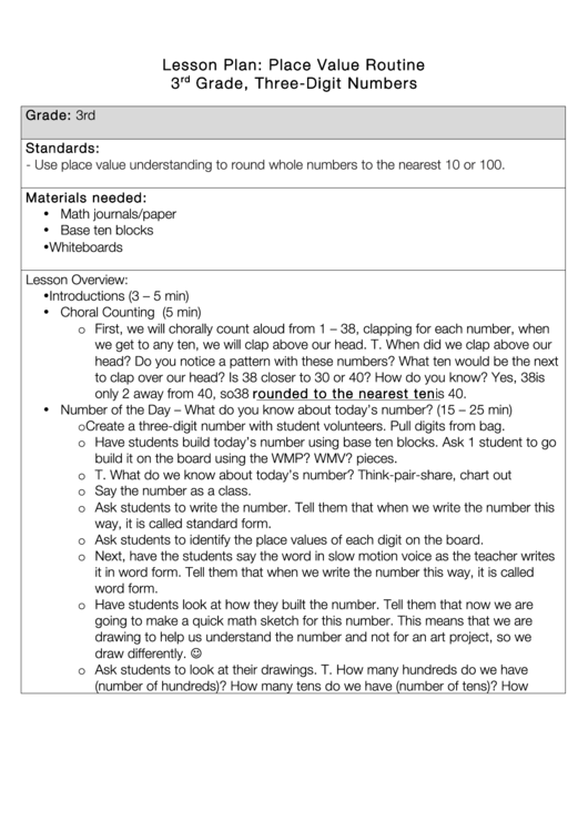 Place Value Routine 3rd Grade Three Digit Numbersv Math Lesson Plan 